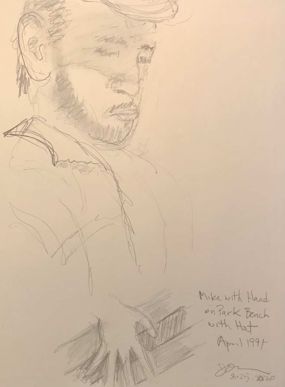 Mike Sketch Series: Mike on with Hand on Park Bench with Hat, April ...